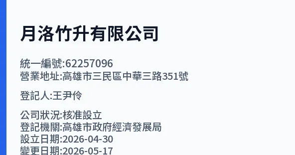 月洛竹升有限公司的照片-統編 62257096(高雄市) 公司登記資料與營業項目詳細圖表