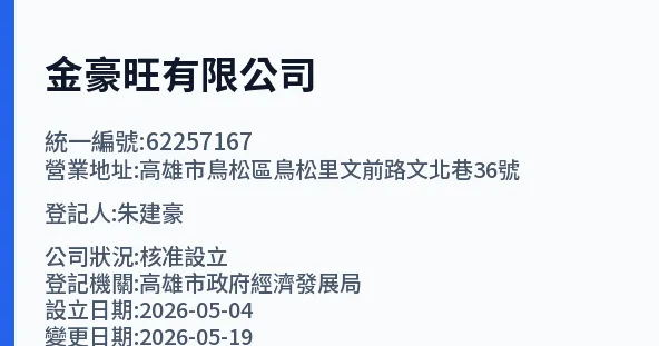 金豪旺有限公司的照片-統編 62257167(高雄市) 公司登記資料與營業項目詳細圖表
