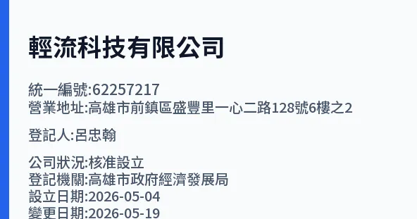 輕流科技有限公司的照片-統編 62257217(高雄市) 公司登記資料與營業項目詳細圖表