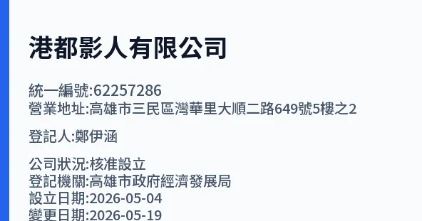 港都影人有限公司的照片-統編 62257286(高雄市) 公司登記資料與營業項目詳細圖表