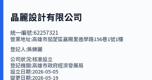晶麗設計有限公司的照片-統編 62257321(高雄市) 公司登記資料與營業項目詳細圖表