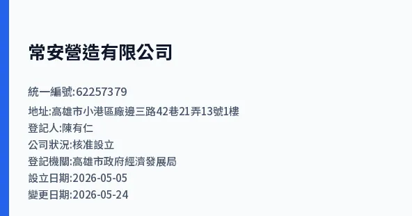 常安營造有限公司的照片-統編 62257379(高雄市) 公司登記資料與營業項目詳細圖表