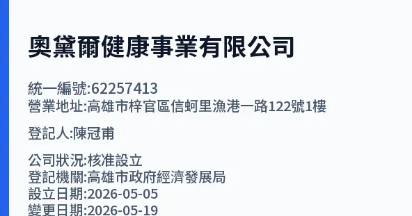 奧黛爾健康事業有限公司的照片-統編 62257413(高雄市) 公司登記資料與營業項目詳細圖表