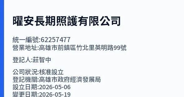 曜安長期照護有限公司的照片-統編 62257477(高雄市) 公司登記資料與營業項目詳細圖表