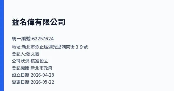 益名偉有限公司的照片-統編 62257624(新北市) 公司登記資料與營業項目詳細圖表