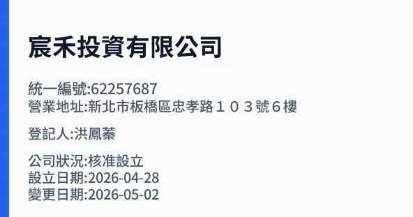 宸禾投資有限公司的照片-統編 62257687(新北市) 公司登記資料與營業項目詳細圖表