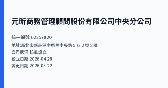 元昕商務管理顧問股份有限公司中央分公司的照片-統編 62257820(新北市) 公司登記資料與營業項目詳細圖表