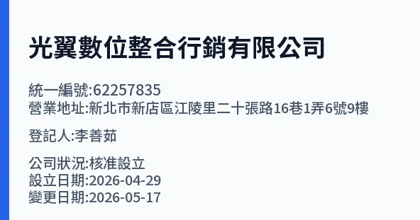 光翼數位整合行銷有限公司的照片-統編 62257835(新北市) 公司登記資料與營業項目詳細圖表