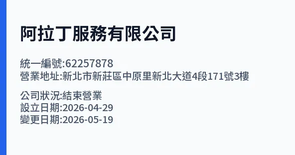阿拉丁服務有限公司的照片-統編 62257878(新北市) 公司登記資料與營業項目詳細圖表