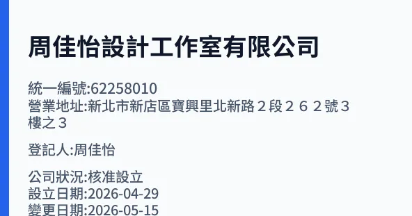 周佳怡設計工作室有限公司的照片-統編 62258010(新北市) 公司登記資料與營業項目詳細圖表