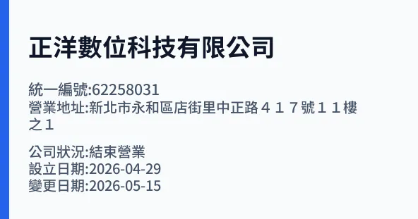 正洋數位科技有限公司的照片-統編 62258031(新北市) 公司登記資料與營業項目詳細圖表
