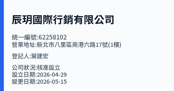 辰玥國際行銷有限公司的照片-統編 62258102(新北市) 公司登記資料與營業項目詳細圖表
