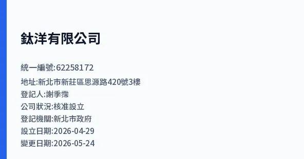 鈦洋有限公司的照片-統編 62258172(新北市) 公司登記資料與營業項目詳細圖表