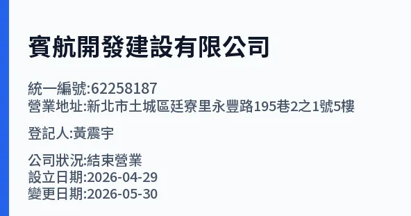 賓航開發建設有限公司的照片-統編 62258187 公司登記資料與營業項目詳細圖表