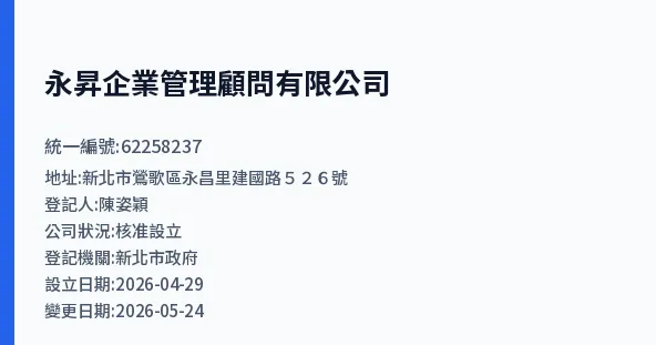 永昇企業管理顧問有限公司的照片-統編 62258237(新北市) 公司登記資料與營業項目詳細圖表