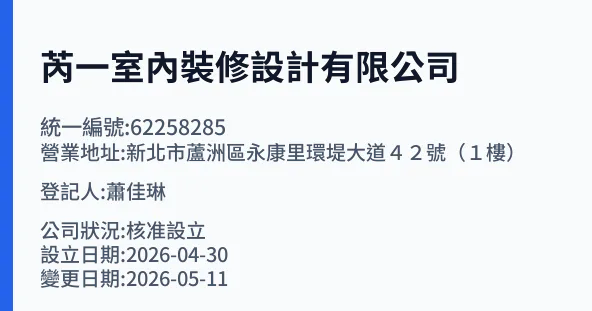 芮一室內裝修設計有限公司的照片-統編 62258285(新北市) 公司登記資料與營業項目詳細圖表