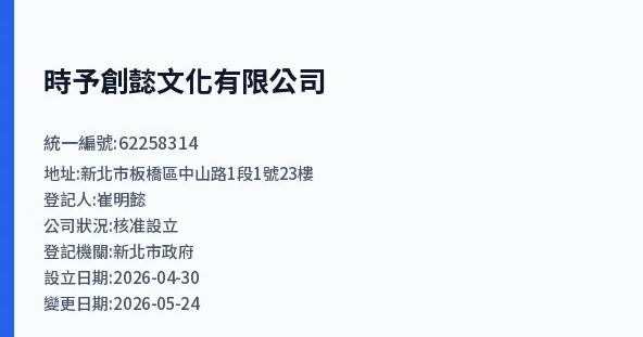 時予創懿文化有限公司的照片-統編 62258314(新北市) 公司登記資料與營業項目詳細圖表