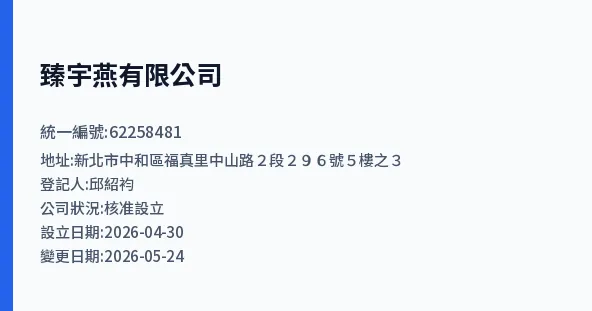 臻宇燕有限公司的照片-統編 62258481(新北市) 公司登記資料與營業項目詳細圖表