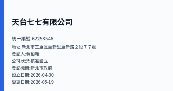 天台七七有限公司的照片-統編 62258546(新北市) 公司登記資料與營業項目詳細圖表