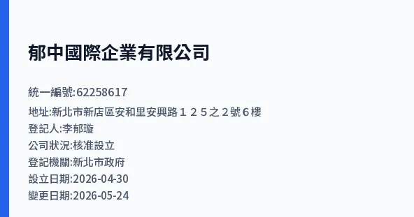 郁中國際企業有限公司的照片-統編 62258617(新北市) 公司登記資料與營業項目詳細圖表