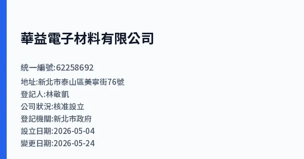華益電子材料有限公司的照片-統編 62258692(新北市) 公司登記資料與營業項目詳細圖表