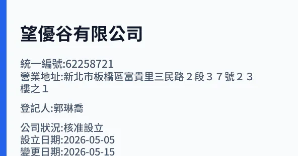 望優谷有限公司的照片-統編 62258721(新北市) 公司登記資料與營業項目詳細圖表