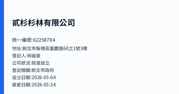 貳杉杉林有限公司的照片-統編 62258784(新北市) 公司登記資料與營業項目詳細圖表
