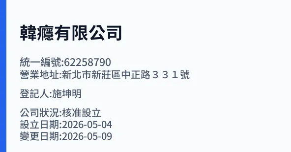 韓癮有限公司的照片-統編 62258790(新北市) 公司登記資料與營業項目詳細圖表