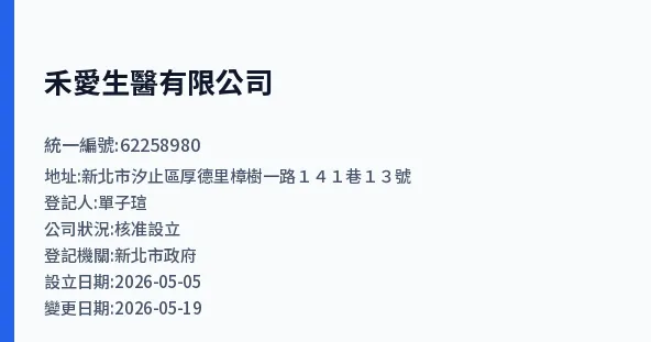 禾愛生醫有限公司的照片-統編 62258980(新北市) 公司登記資料與營業項目詳細圖表