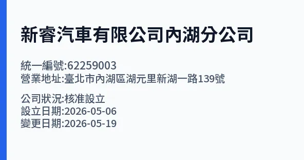 新睿汽車有限公司內湖分公司的照片-統編 62259003(臺北市) 公司登記資料與營業項目詳細圖表