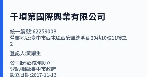 千頃第國際興業有限公司的照片-統編 62259008(臺中市) 公司登記資料與營業項目詳細圖表