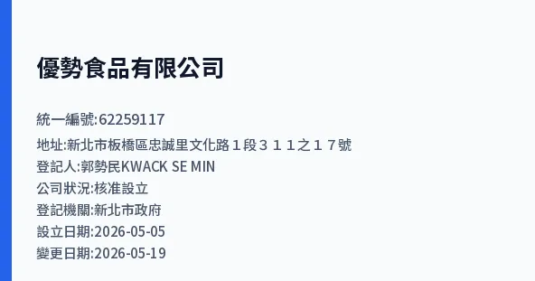 優勢食品有限公司的照片-統編 62259117(新北市) 公司登記資料與營業項目詳細圖表