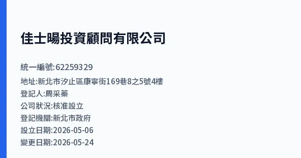 佳士暘投資顧問有限公司的照片-統編 62259329(新北市) 公司登記資料與營業項目詳細圖表