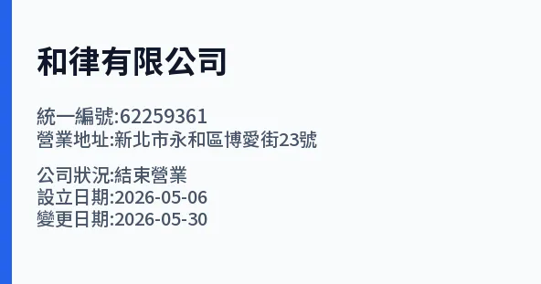 和律有限公司的照片-統編 62259361(新北市) 公司登記資料與營業項目詳細圖表