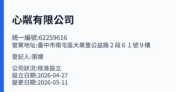 心粼有限公司的照片-統編 62259616(臺中市) 公司登記資料與營業項目詳細圖表