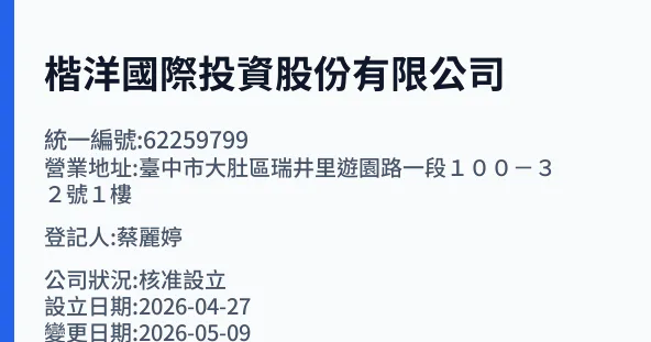 楷洋國際投資股份有限公司的照片-統編 62259799(臺中市) 公司登記資料與營業項目詳細圖表