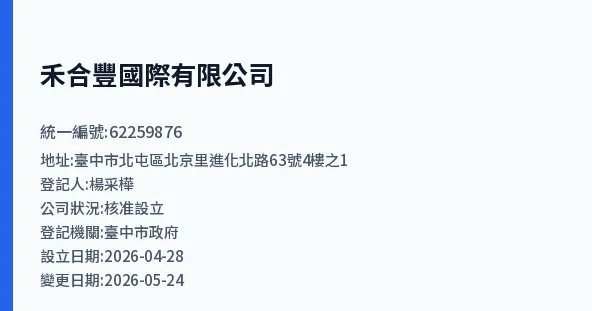 禾合豐國際有限公司的照片-統編 62259876(臺中市) 公司登記資料與營業項目詳細圖表