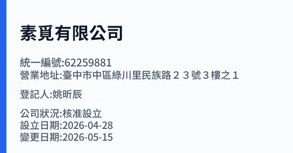 素覓有限公司的照片-統編 62259881(臺中市) 公司登記資料與營業項目詳細圖表