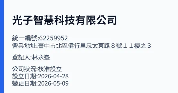 光子智慧科技有限公司的照片-統編 62259952(臺中市) 公司登記資料與營業項目詳細圖表