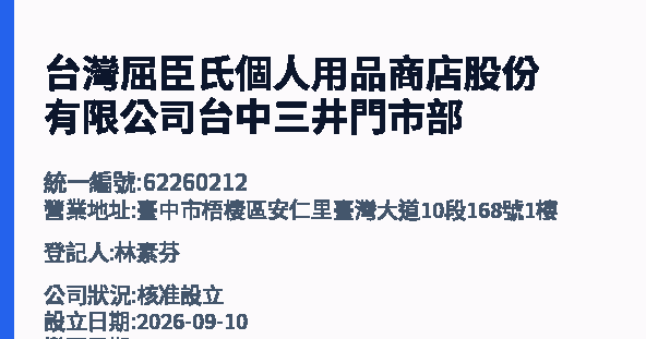 台灣屈臣氏個人用品商店股份有限公司台中三井門市部的照片-統編 62260212(臺中市) 公司登記資料與營業項目詳細圖表