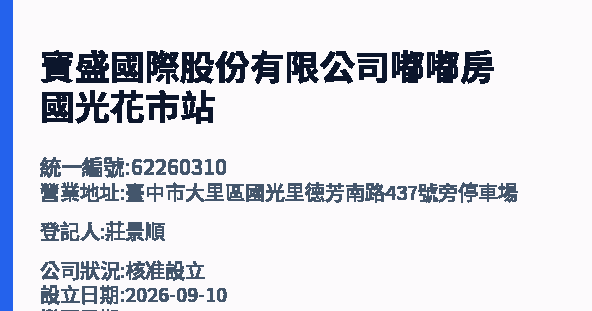 寶盛國際股份有限公司嘟嘟房國光花市站的照片-統編 62260310(臺中市) 公司登記資料與營業項目詳細圖表