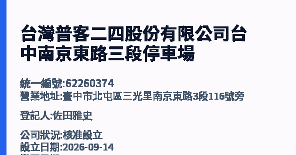 台灣普客二四股份有限公司台中南京東路三段停車場的照片-統編 62260374(臺中市) 公司登記資料與營業項目詳細圖表