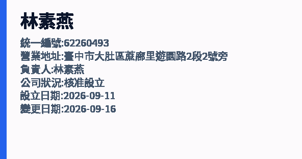 林素燕的照片-統編 62260493(臺中市) 公司登記資料與營業項目詳細圖表