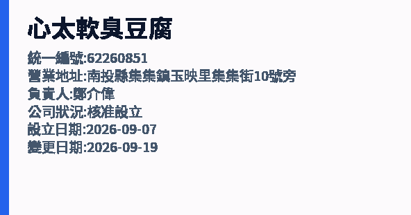 心太軟臭豆腐的照片-統編 62260851(南投縣) 公司登記資料與營業項目詳細圖表