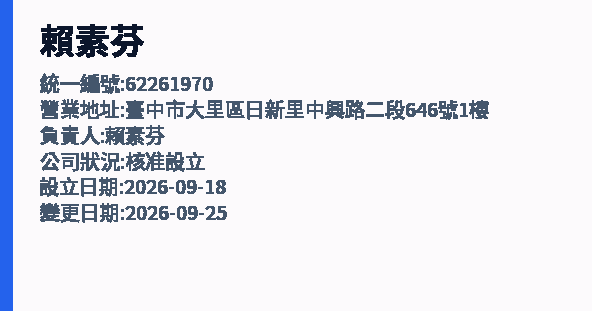 賴素芬的照片-統編 62261970(臺中市) 公司登記資料與營業項目詳細圖表