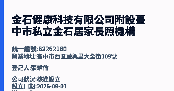 金石健康科技有限公司附設臺中市私立金石居家長照機構的照片-統編 62262160(臺中市) 公司登記資料與營業項目詳細圖表