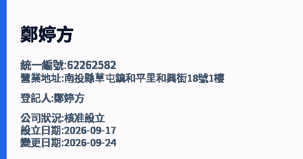 鄭婷方的照片-統編 62262582(南投縣) 公司登記資料與營業項目詳細圖表