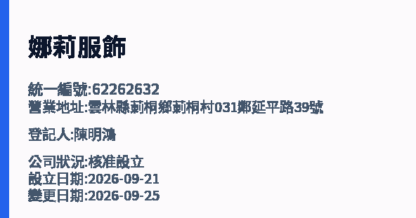娜莉服飾的照片-統編 62262632(雲林縣) 公司登記資料與營業項目詳細圖表