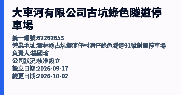 大車河有限公司古坑綠色隧道停車場的照片-統編 62262653(雲林縣) 公司登記資料與營業項目詳細圖表
