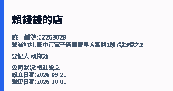 賴錢錢的店的照片-統編 62263029(臺中市) 公司登記資料與營業項目詳細圖表